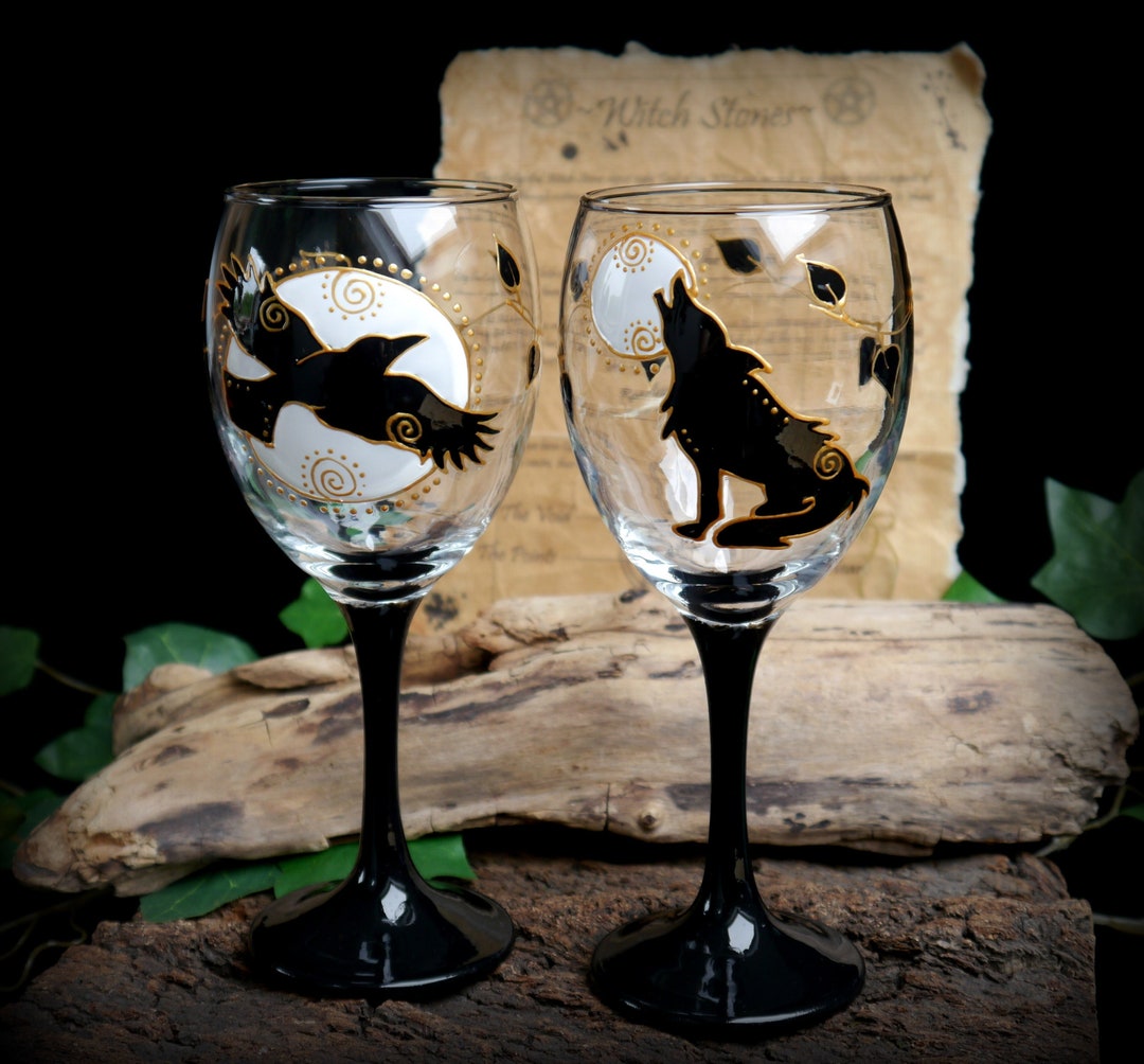 Raven and Wolf Glass Chalice Hand Painted Wine Glasses Witches Goblets ...