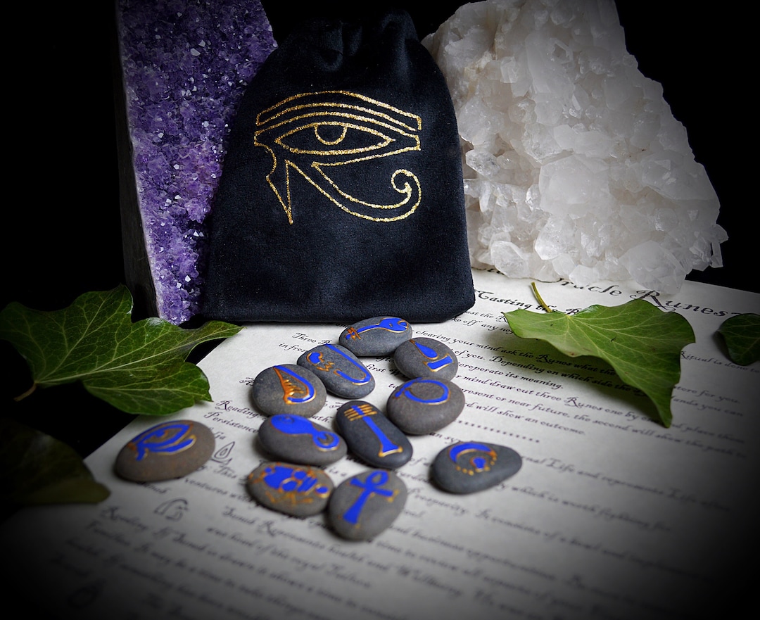 Egyptian River Stone Runes With Black Velvet Bag and Casting ...