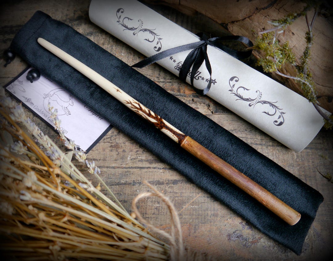 Witches Hand Carved Willow Wood Wand Tree of Life Design Bag and Spells ...