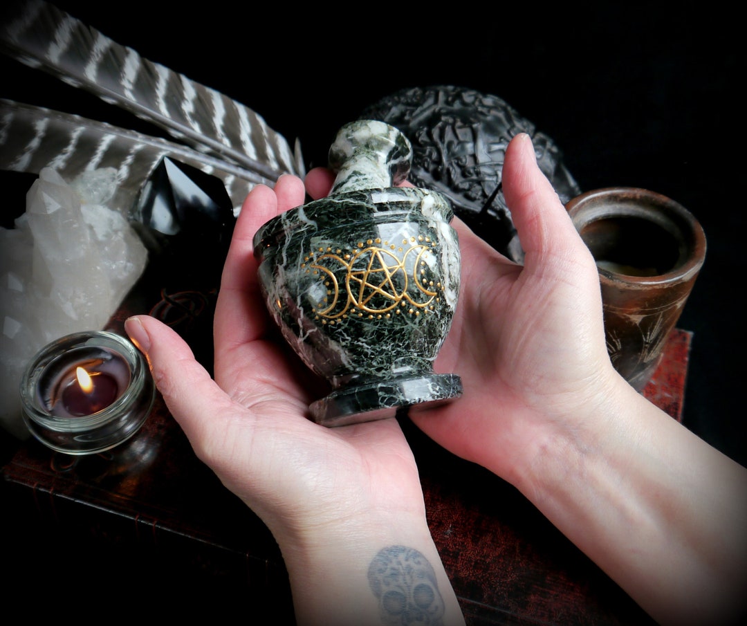 Witches Mortar and Pestle Black White and Moss Green Marble Pentacle ...