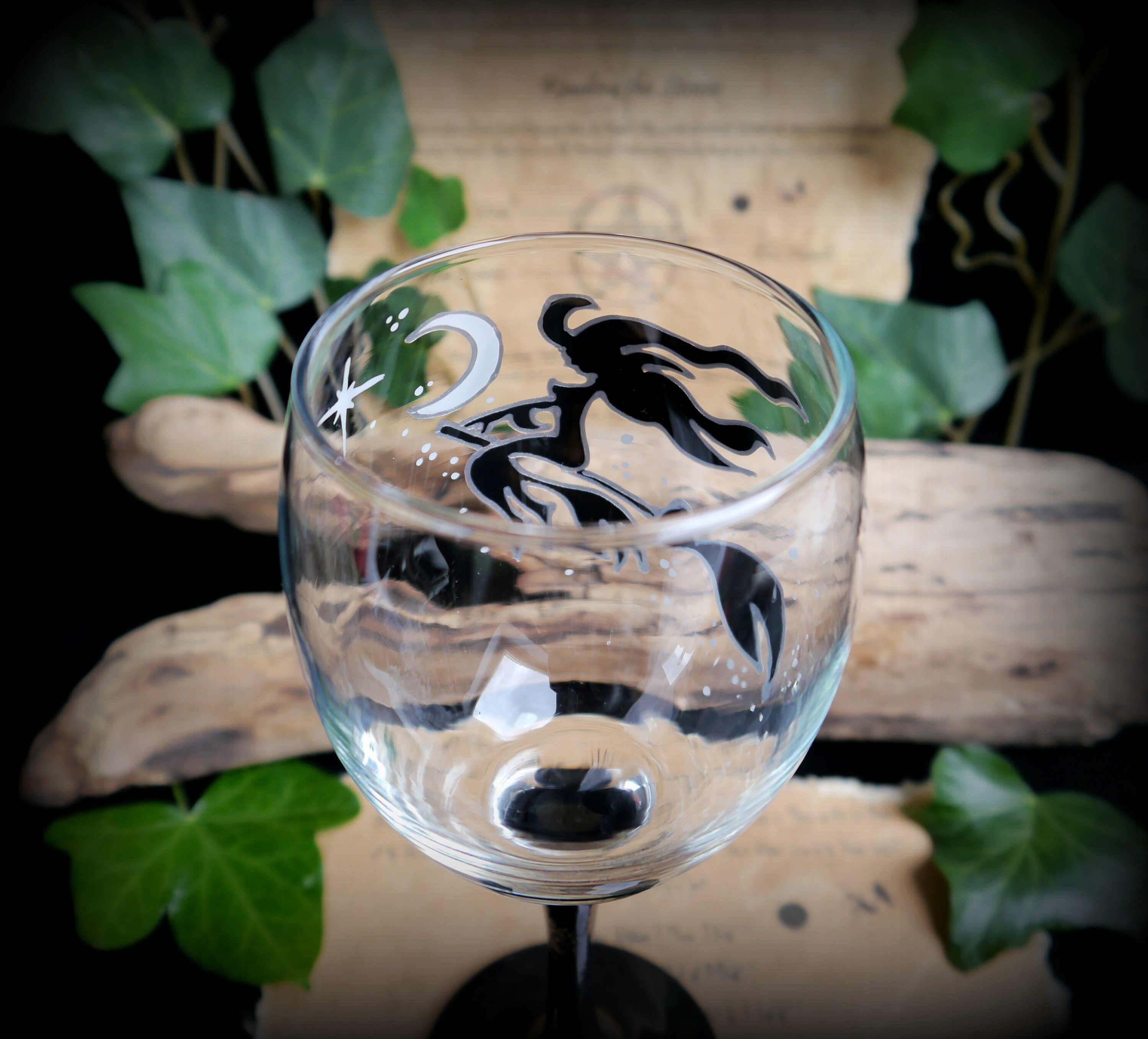 Hand Painted Flying Witch Glass Chalice Witches Goblet Wine Glass Altar ...