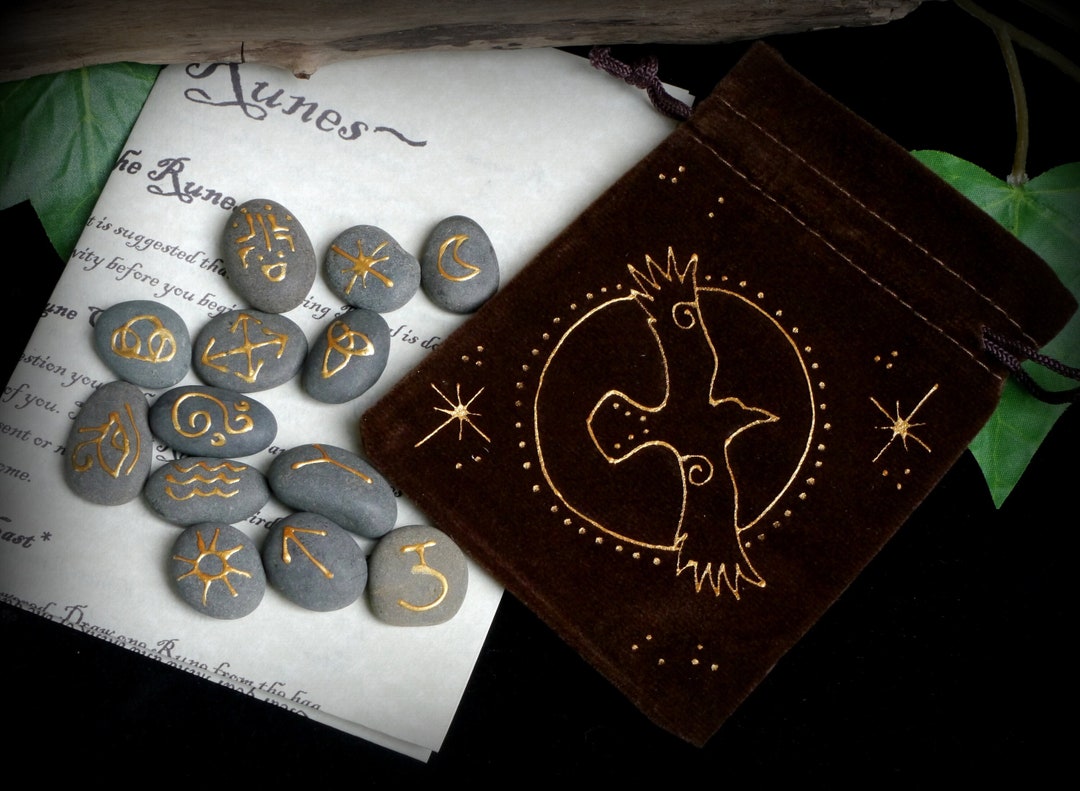 13 Witches Runes With Raven Pouch and Casting Instructions Wicca Pagan ...