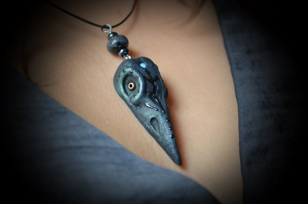 Handmade Raven Pendant: Larvikite Crystal, Polymer Clay Necklace - Etsy