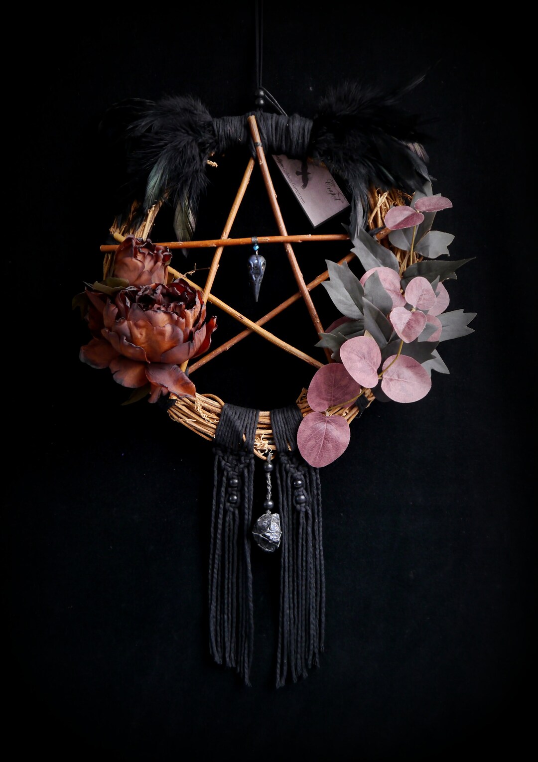 Witches Pentacle Crystal and Raven Skull Protection Wreath Yule ...