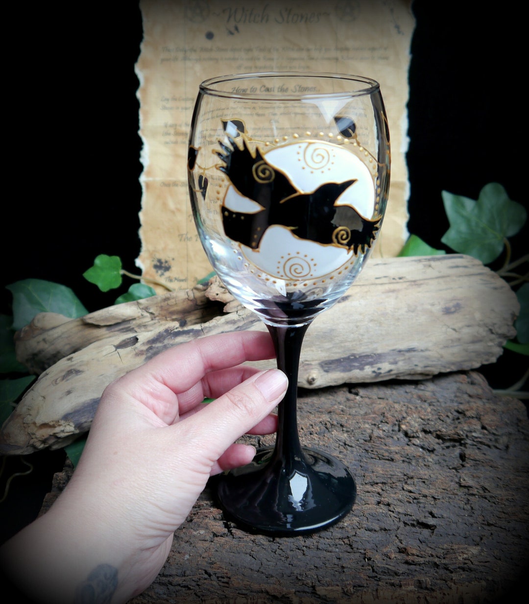 Hand Painted Raven and Full Moon Glass Chalice Witches Goblet Crow Wine ...