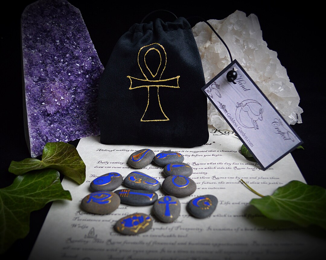 Rune Set Egyptian With Black Velvet Bag and Casting Instructions Ankh ...