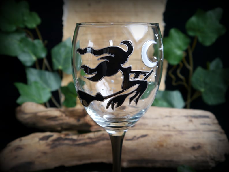 Hand Painted Flying Witch Glass Chalice Witches Goblet Wine Glass Altar ...