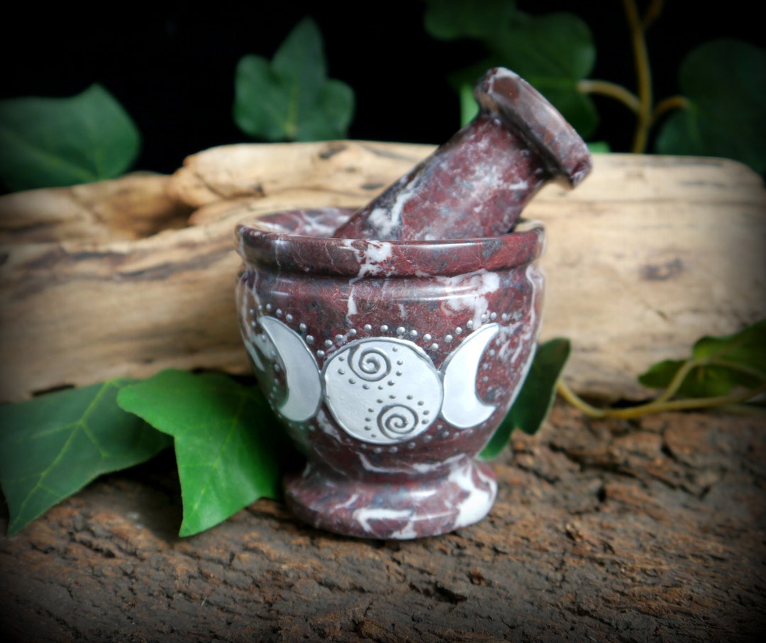 Triple Moon Mortar and Pestle Red and White Marble Triple Moon Wicca ...