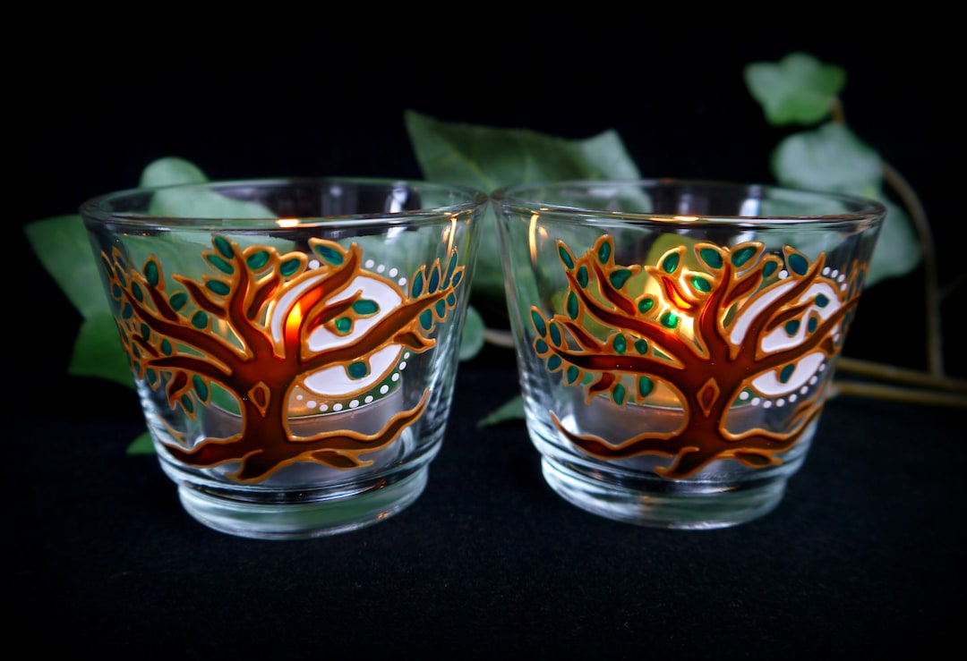Tree of Life Glass Candle Holders With Full Moon Witches Altar Piece ...