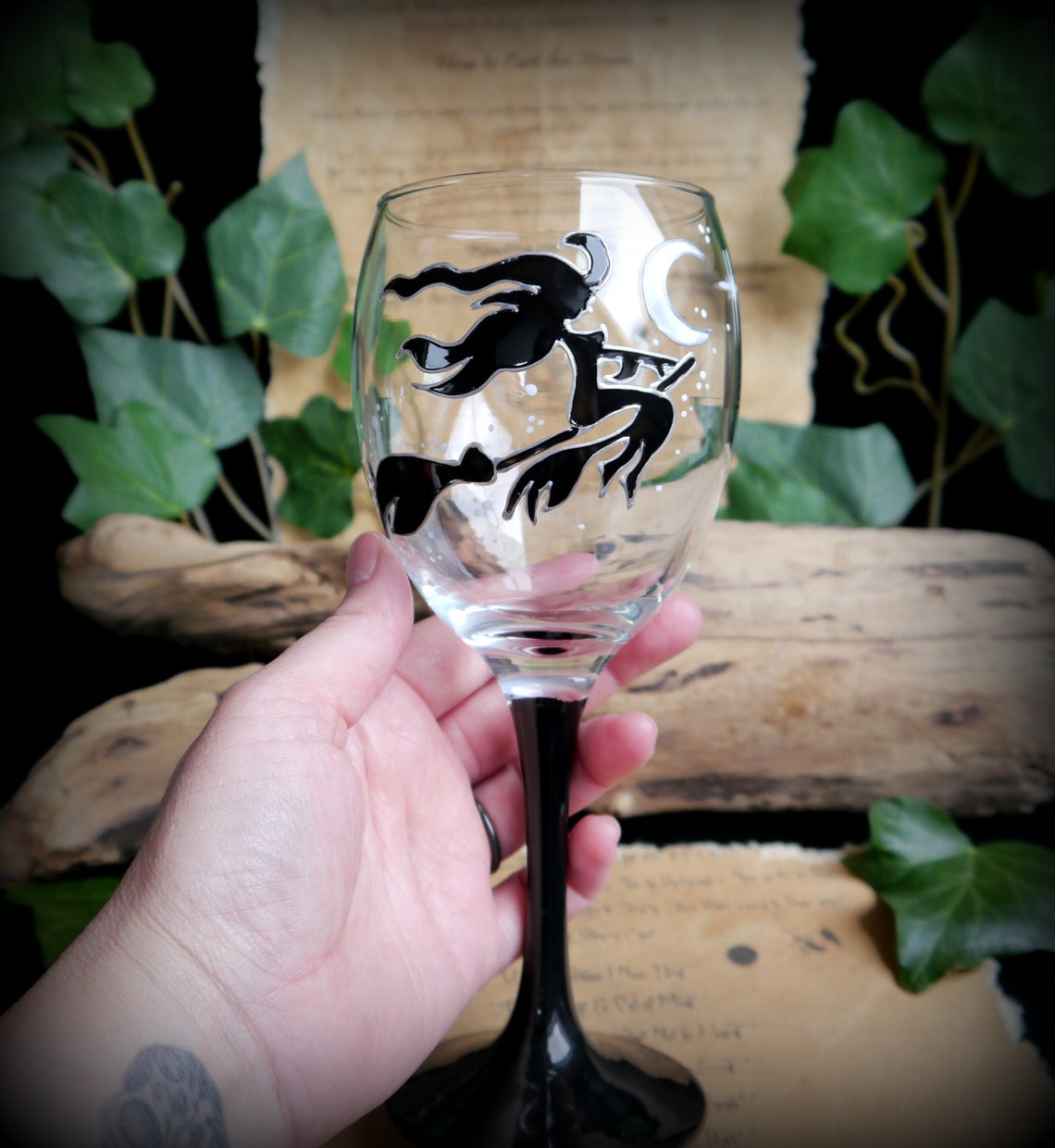 Hand Painted Flying Witch Glass Chalice Witches Goblet Wine Glass Altar ...