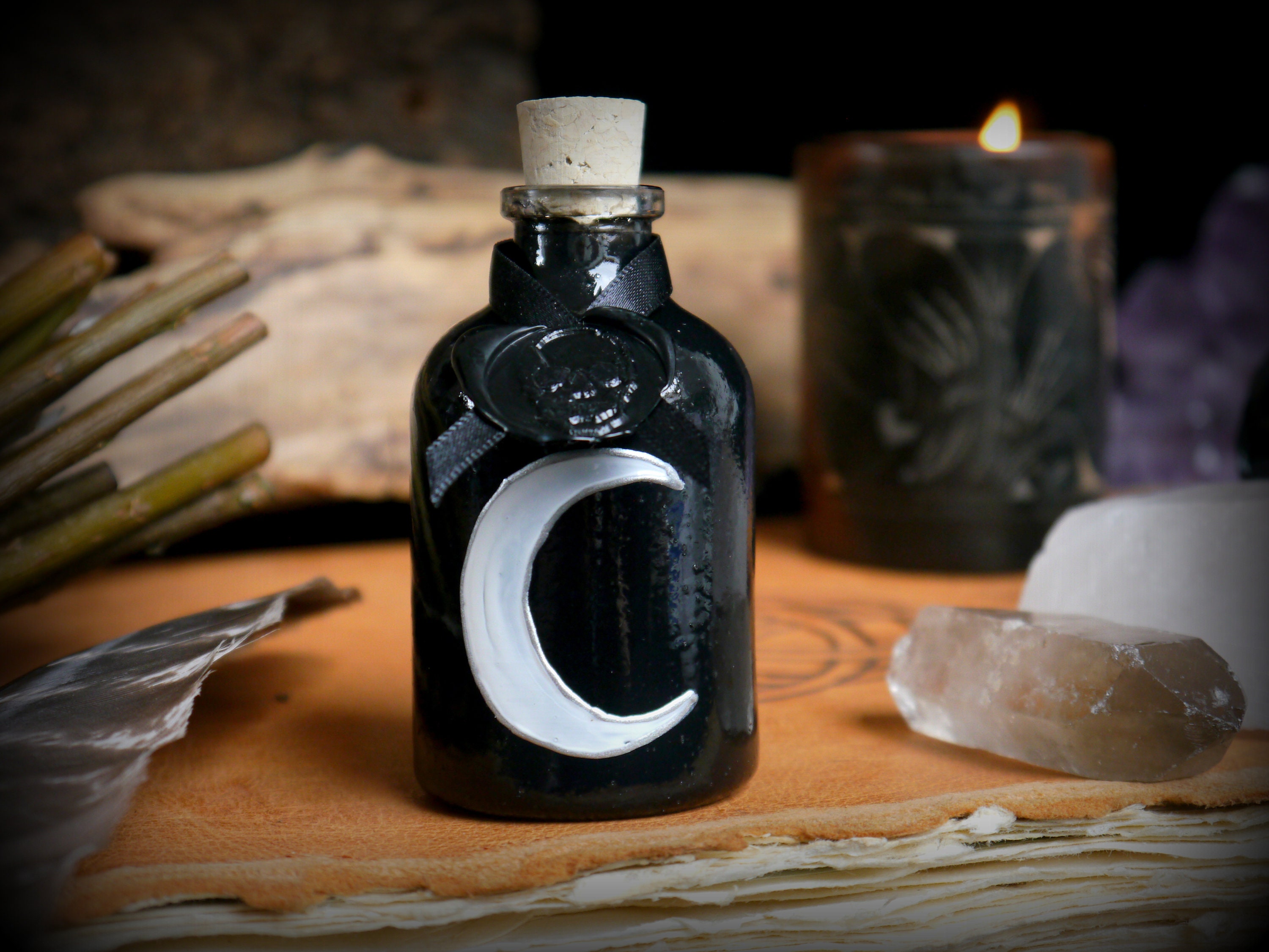 Witches Black Crescent Moon Potion Bottle With Cork Stopper Etsy