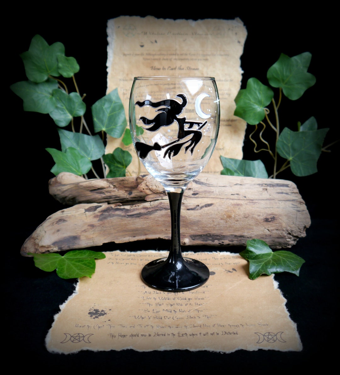 Hand Painted Flying Witch Glass Chalice Witches Goblet Wine Glass Altar ...