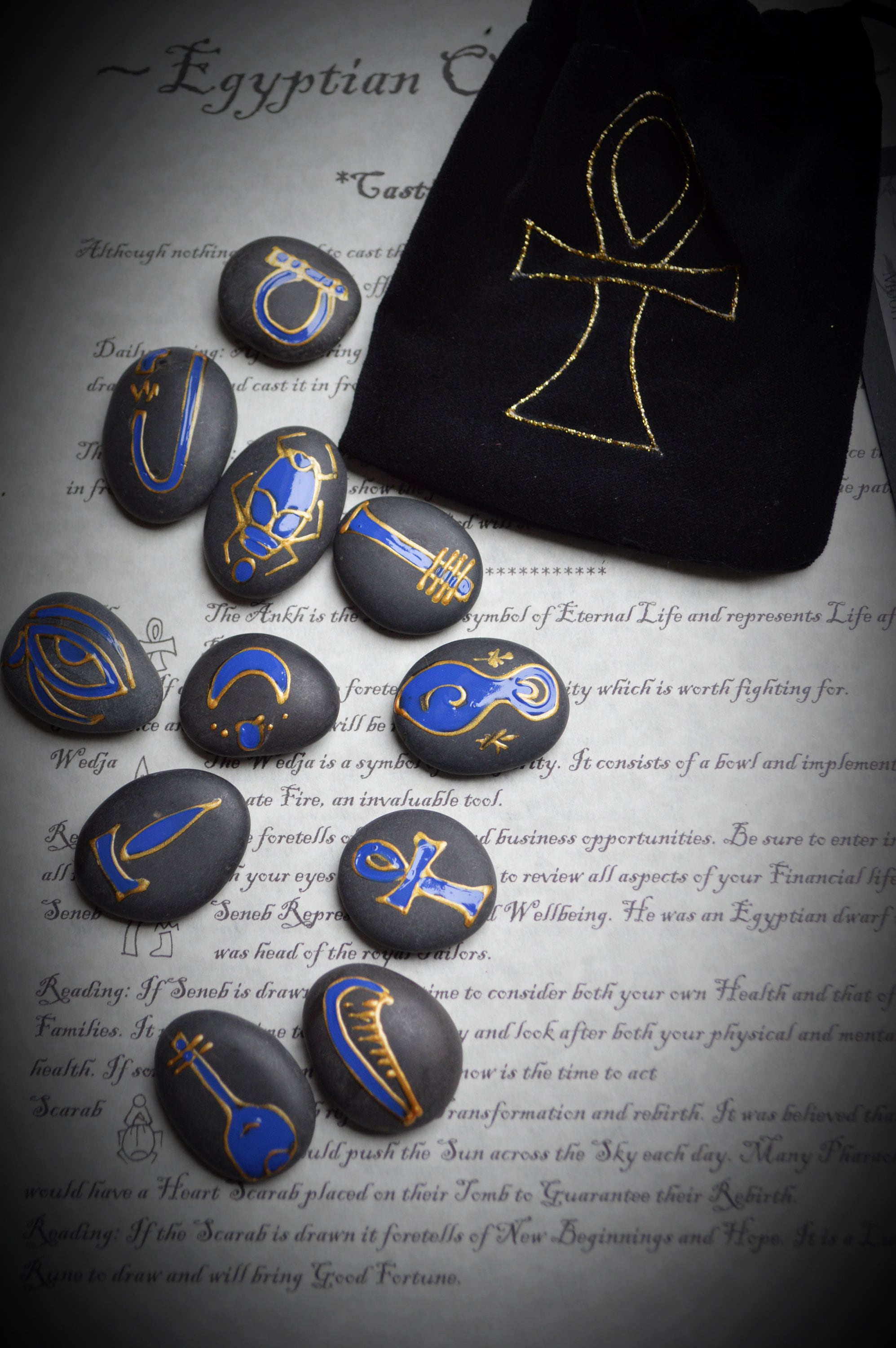 Runes Egyptian With Black Ankh Velvet Bag and Casting | Etsy