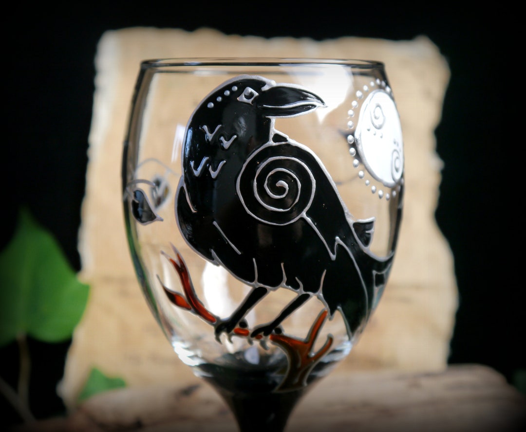 Raven and Moon Hand Painted Wine Glass Chalice Witches Goblet Wicca ...