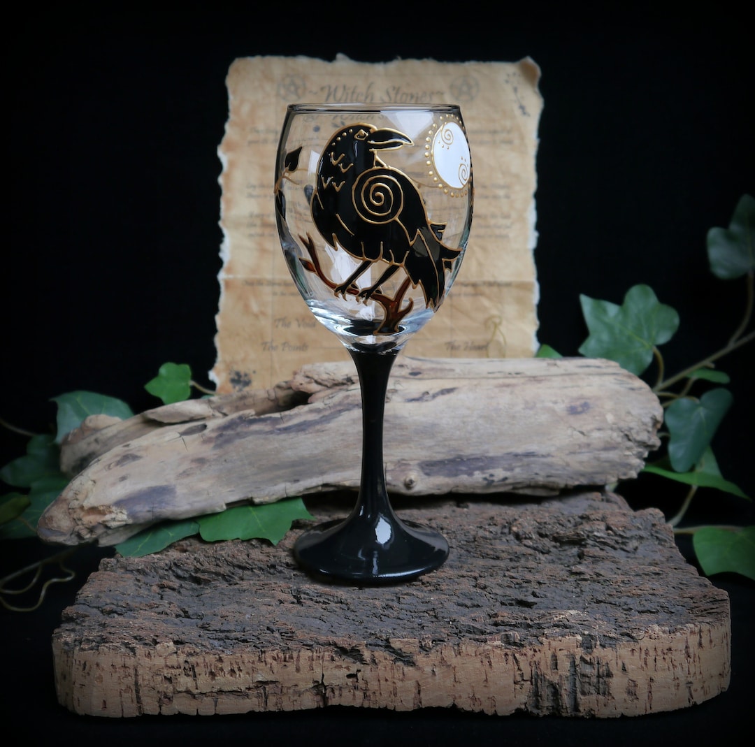 Hand Painted Raven & Moon Wine Glass Chalice: Wiccan Altar Gift - Etsy