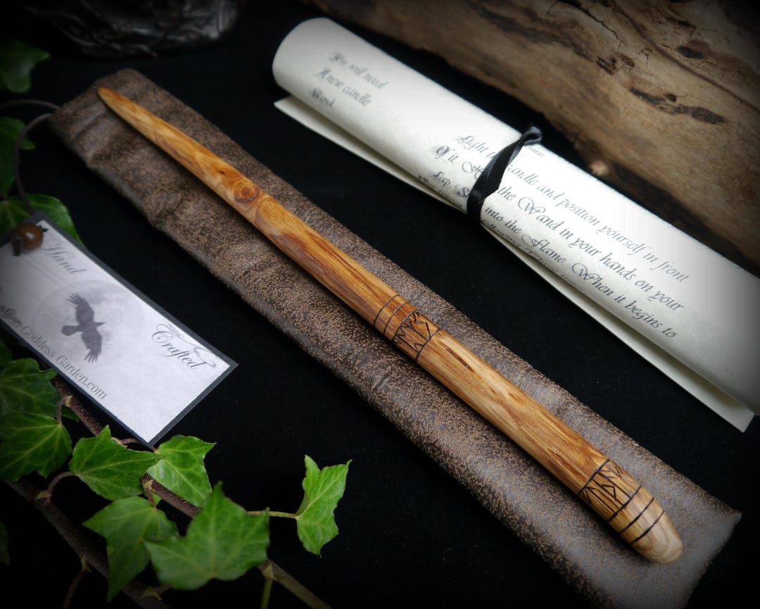 Witches Oak Wood Wand Hand Carved With Runes and Wand Bag Wooden Wand ...