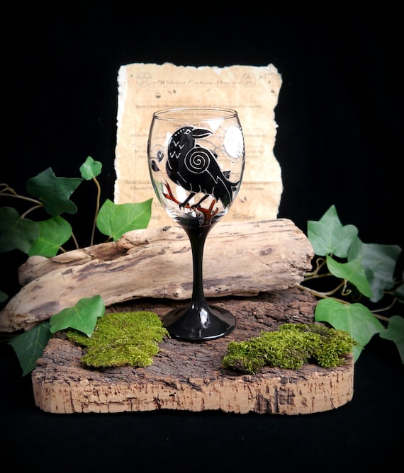 Raven and Moon Hand Painted Wine Glass Chalice Witches Goblet | Etsy