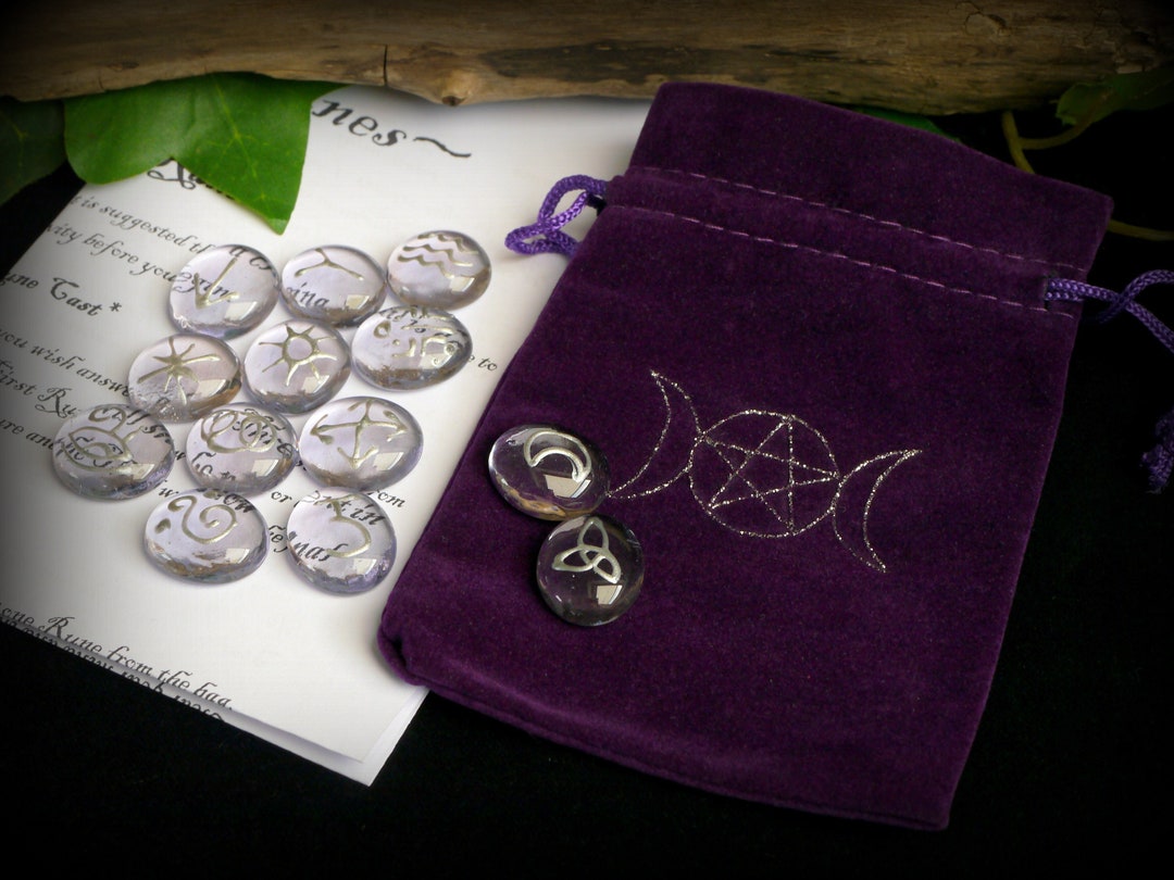 13 Witches Runes With Lilac Glass and Silver Symbols Purple Triple Moon ...