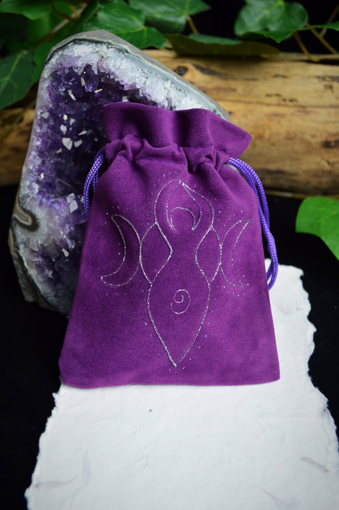 Rune Bag Crystal Storage Pouch Goddess and Moon Hand Decorated Velvet ...