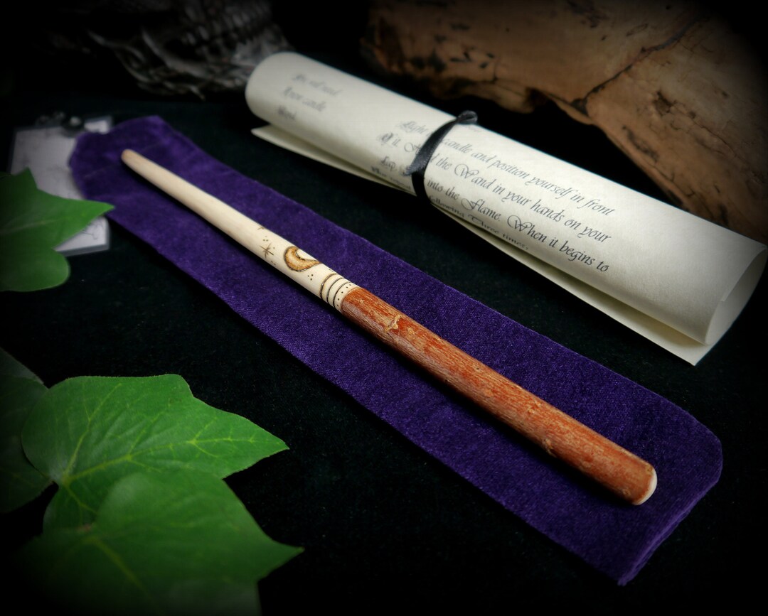 Witches Hand Carved Willow Wood Wand With Moon Design Wicca Pagan Altar ...