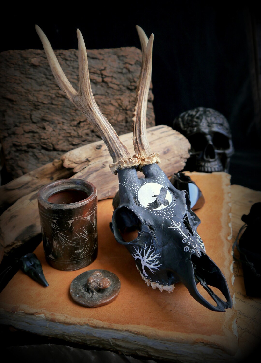 Witches Hand Painted Deer Skull With Full Moon and Raven Design Wicca ...