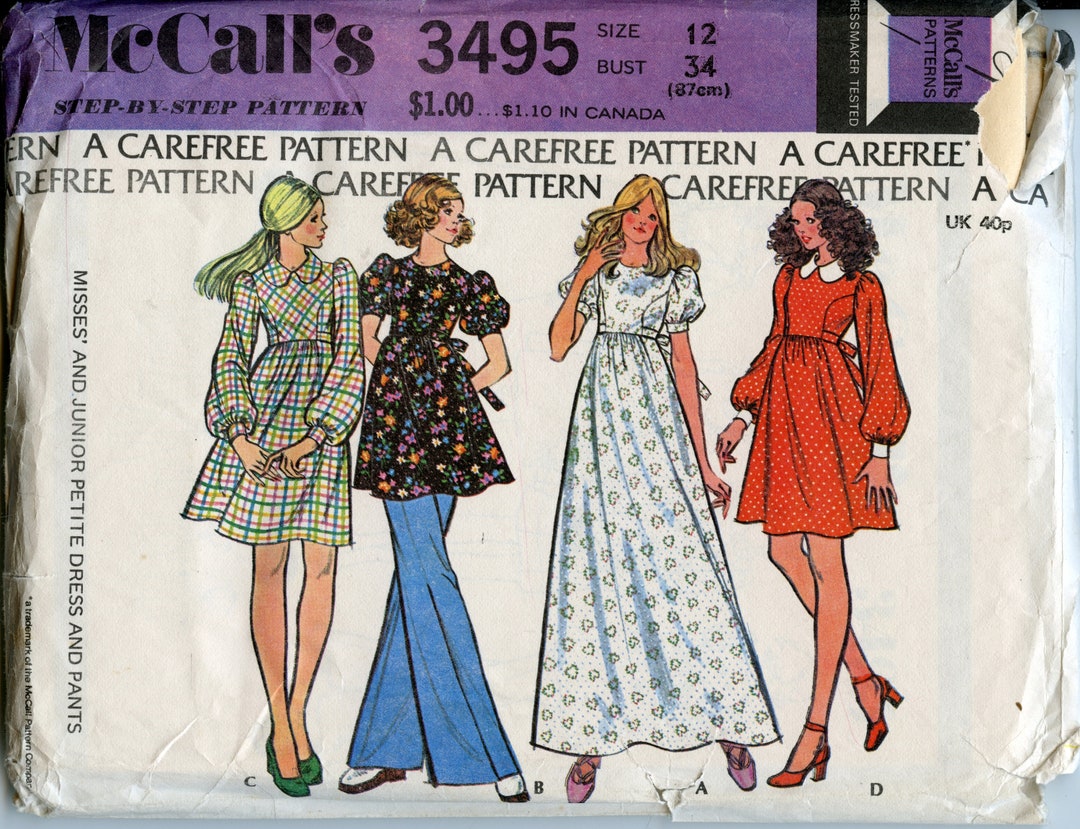 70s Boho Raised Waist Dresses Sewing Pattern Puff Sleeves, Cuffs, Peter ...