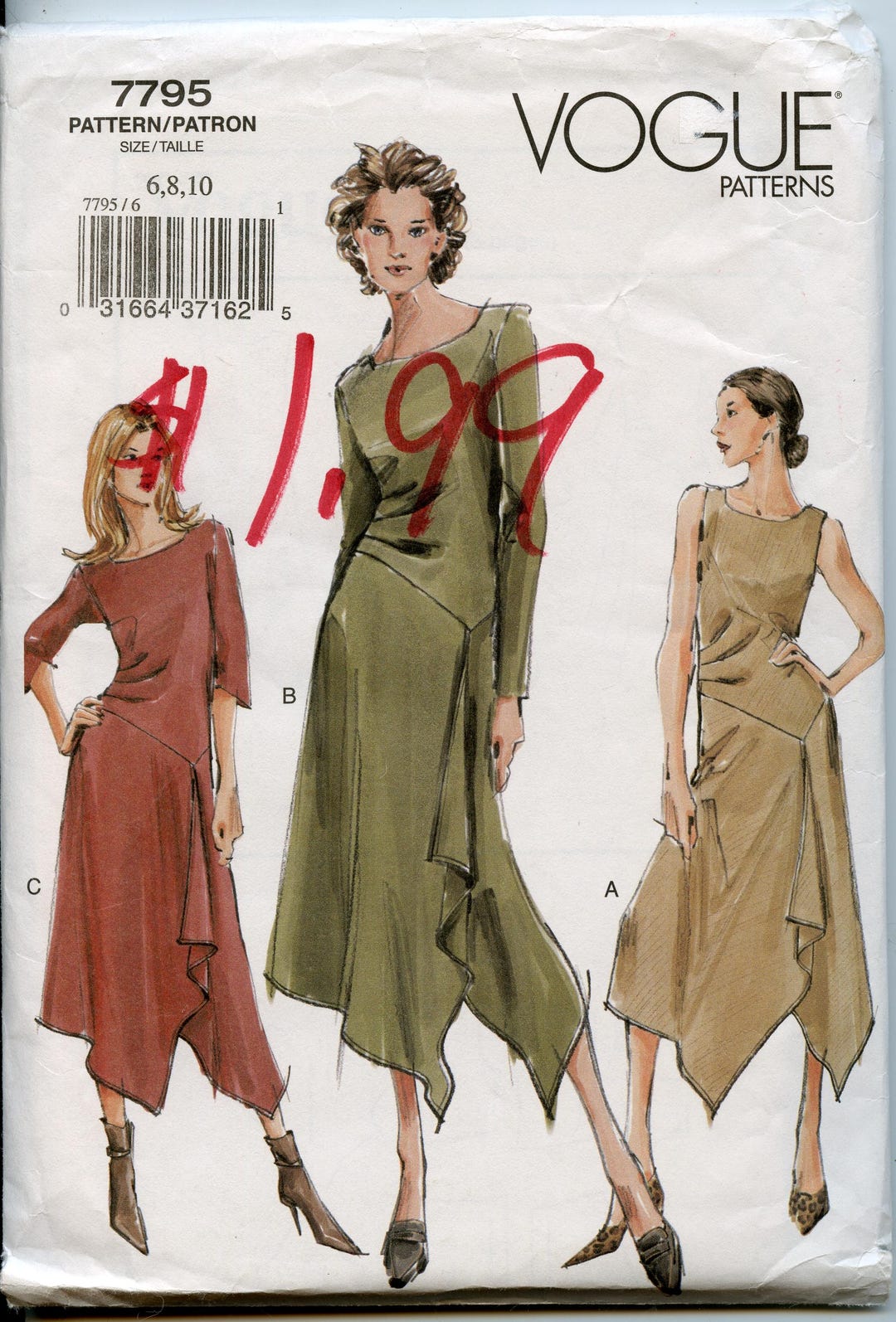 Misses Handkerchief Hem Dress Pattern - Very Easy Very Vogue Size 6 8 ...