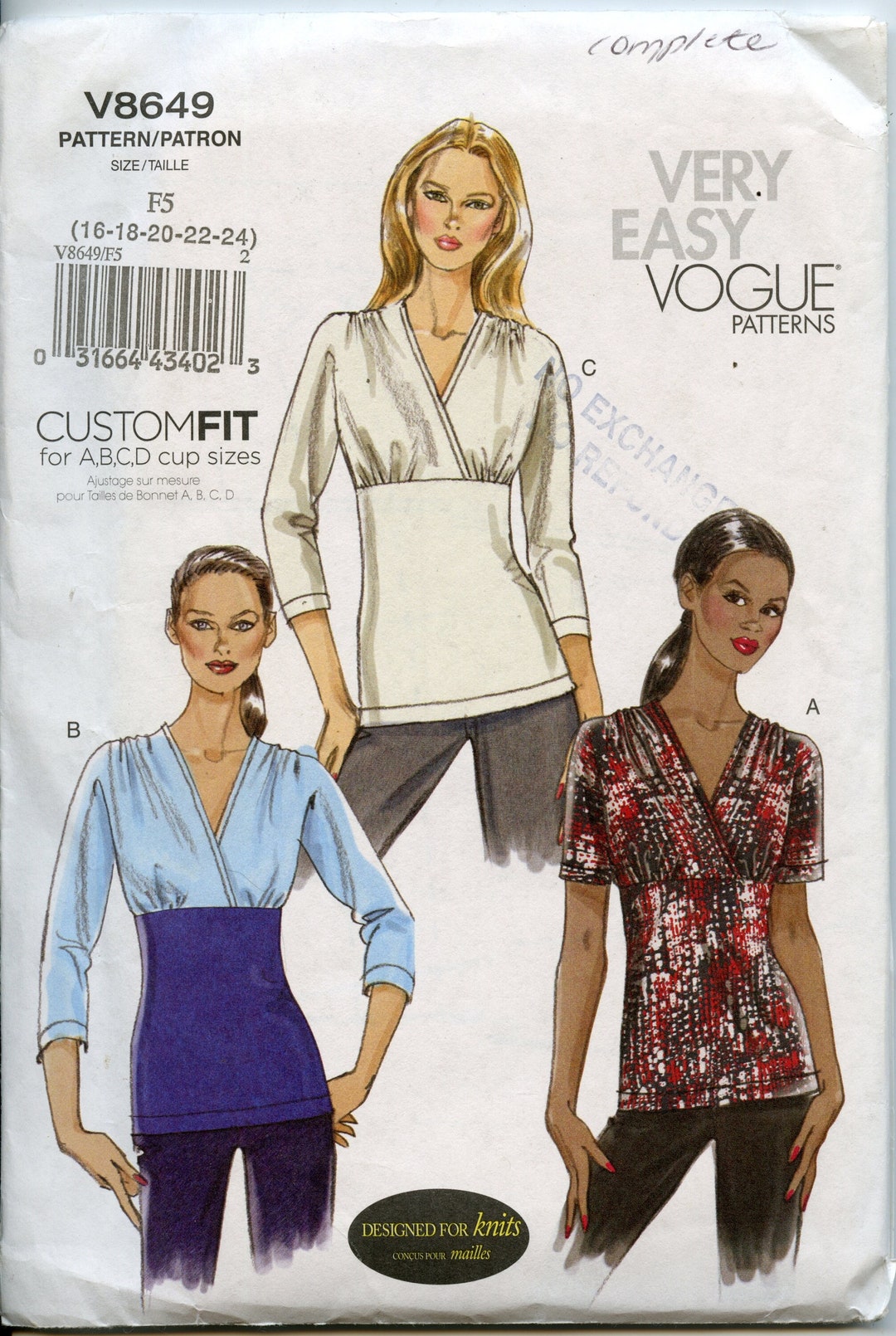 Underbust Gathered Top Sewing Pattern Mock Wrap Bodice Very Easy Vogue ...