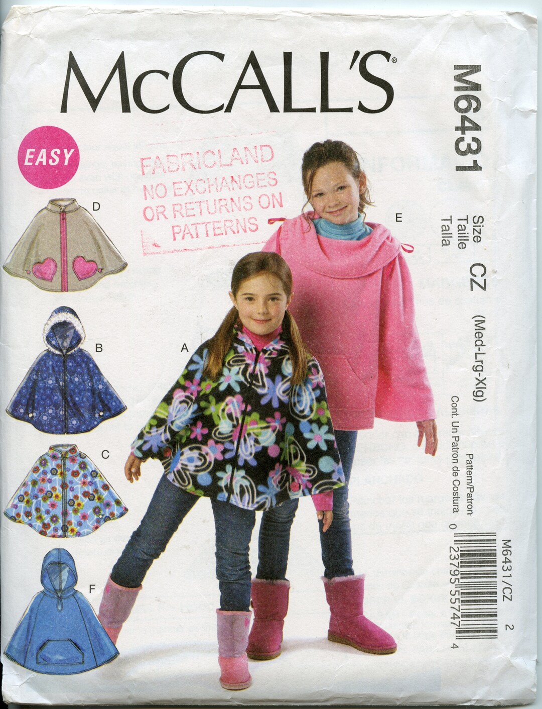 Easy Kids Hooded Poncho Sewing Patterns Zip Front Poncho Pattern Size 3 ...