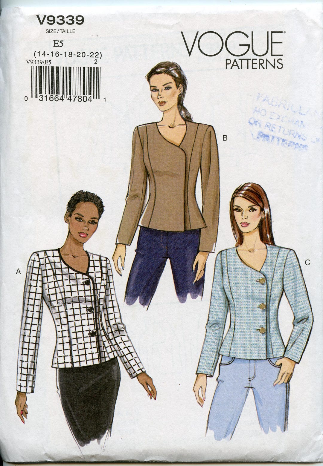 Vogue Fitted Lined Jacket Sewing Pattern Size 14 16 18 20 22 Vogue 9339 ...
