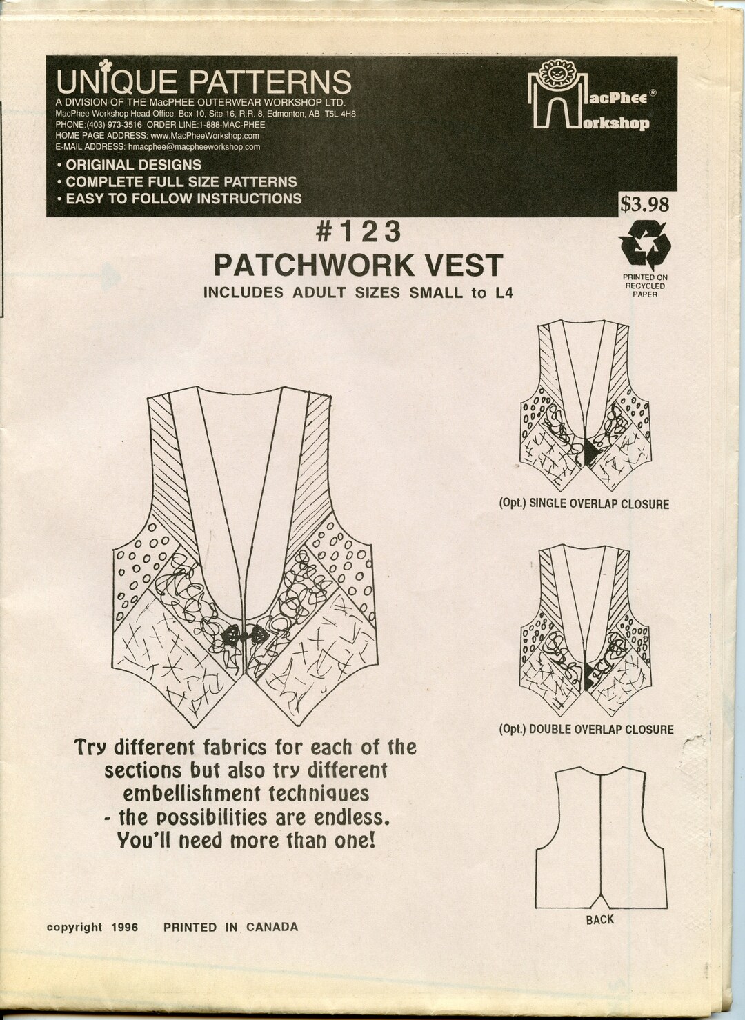 Patchwork Vest Sewing Pattern Adult Sizes Small to L4 Unique Patterns 123 Macphee Patterns 123 ...