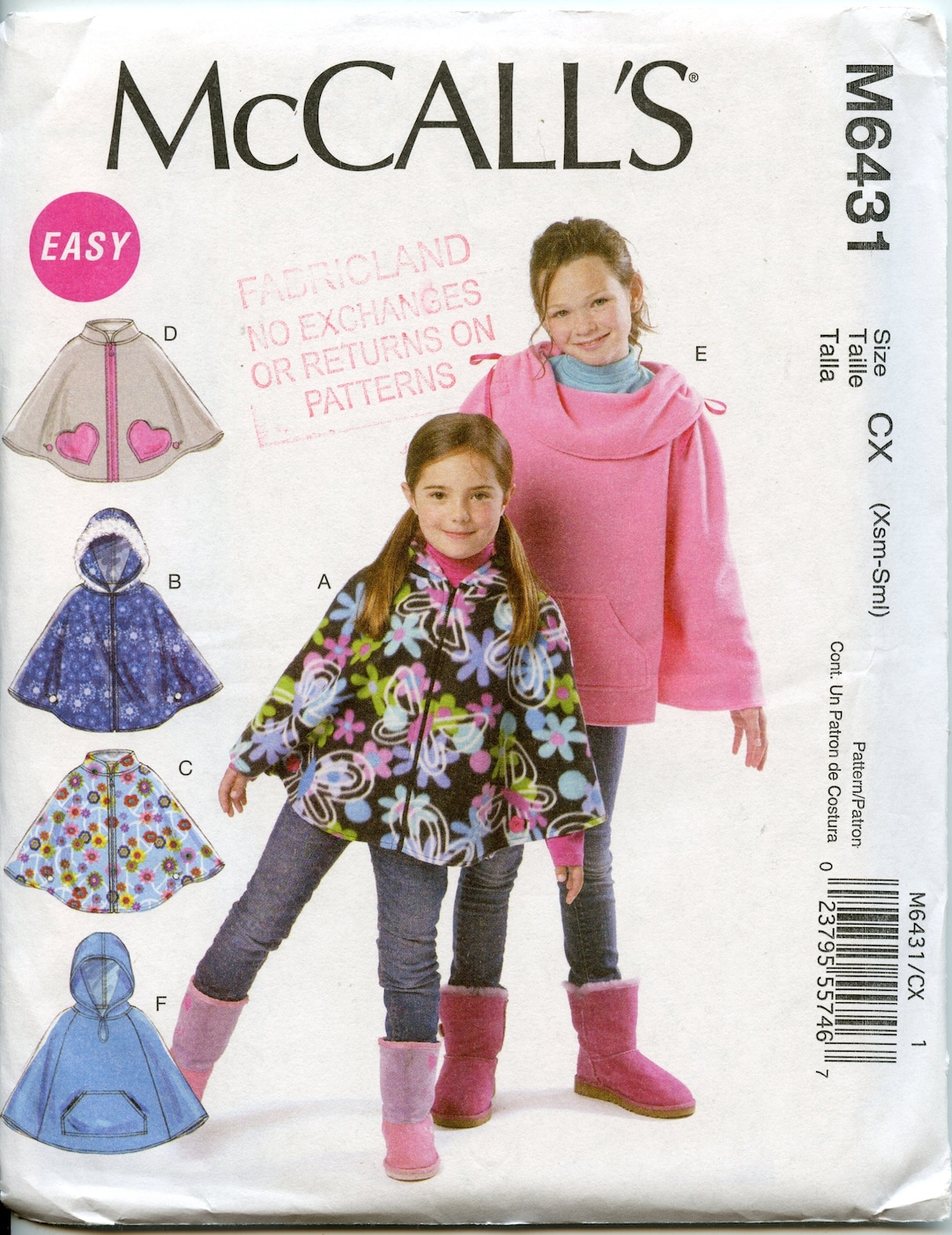 Easy Kids Hooded Poncho Sewing Patterns Zip Front Poncho Pattern Size 3 ...