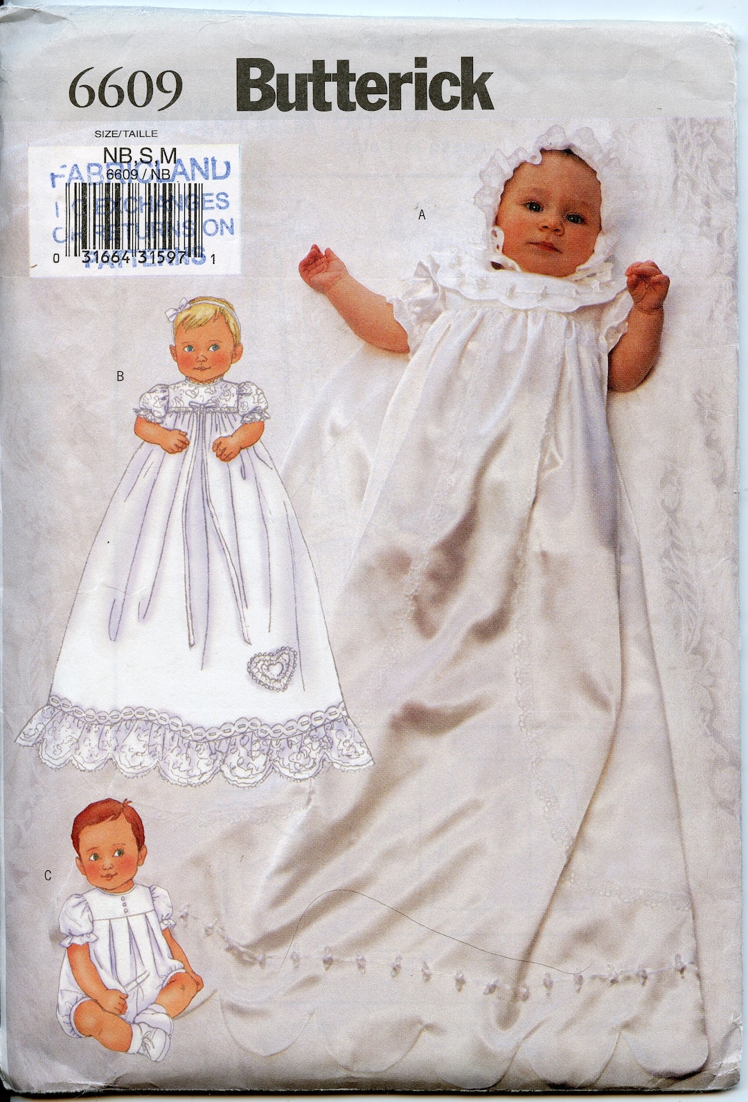 Baby Christening Gown Sewing Pattern Long Dress, Bonnet, Jumpsuit size Newborn S M Butterick ...