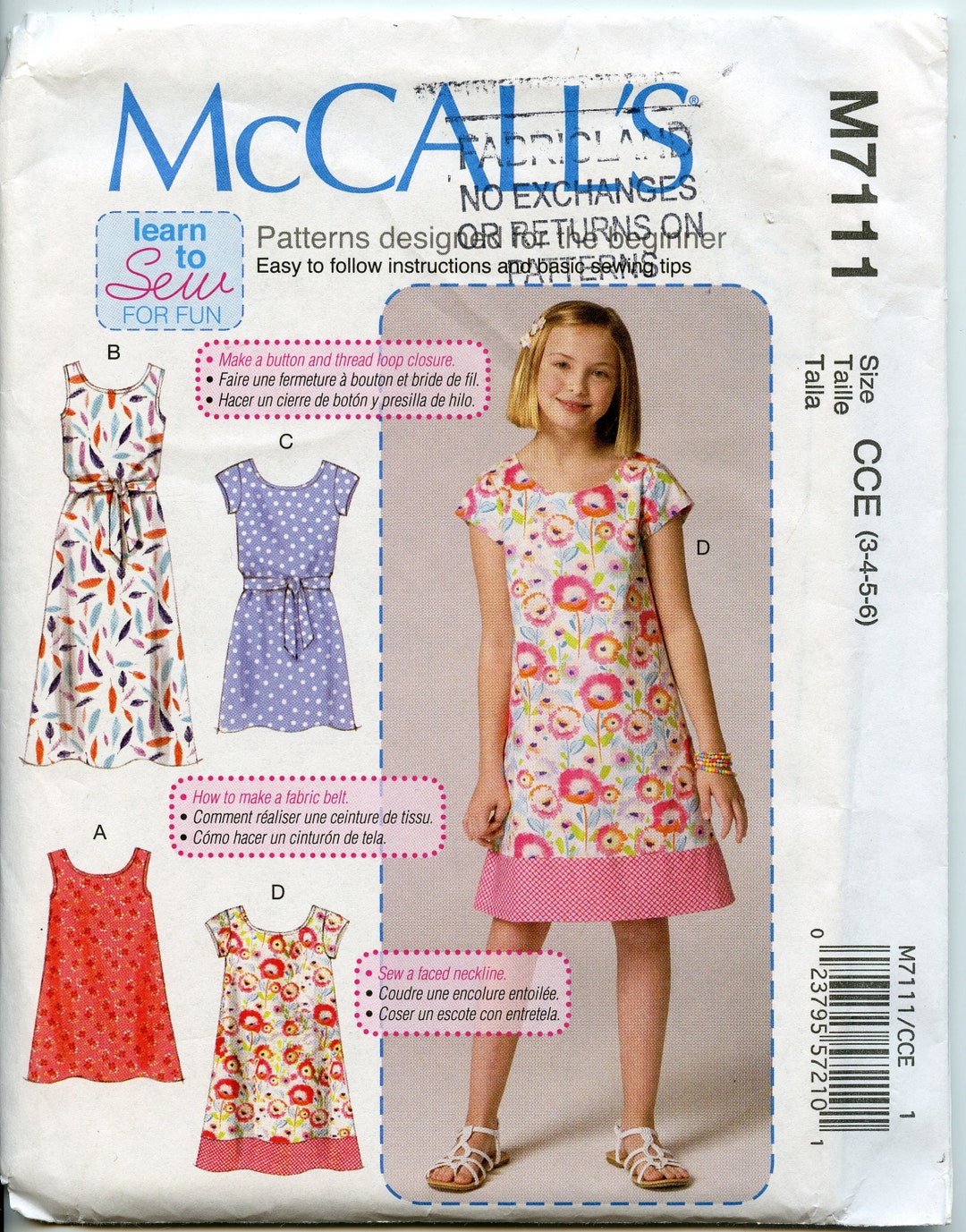 Learn to Sew Girls Dress Sewing Pattern Pullover Dress Size 3 4 5 6 ...