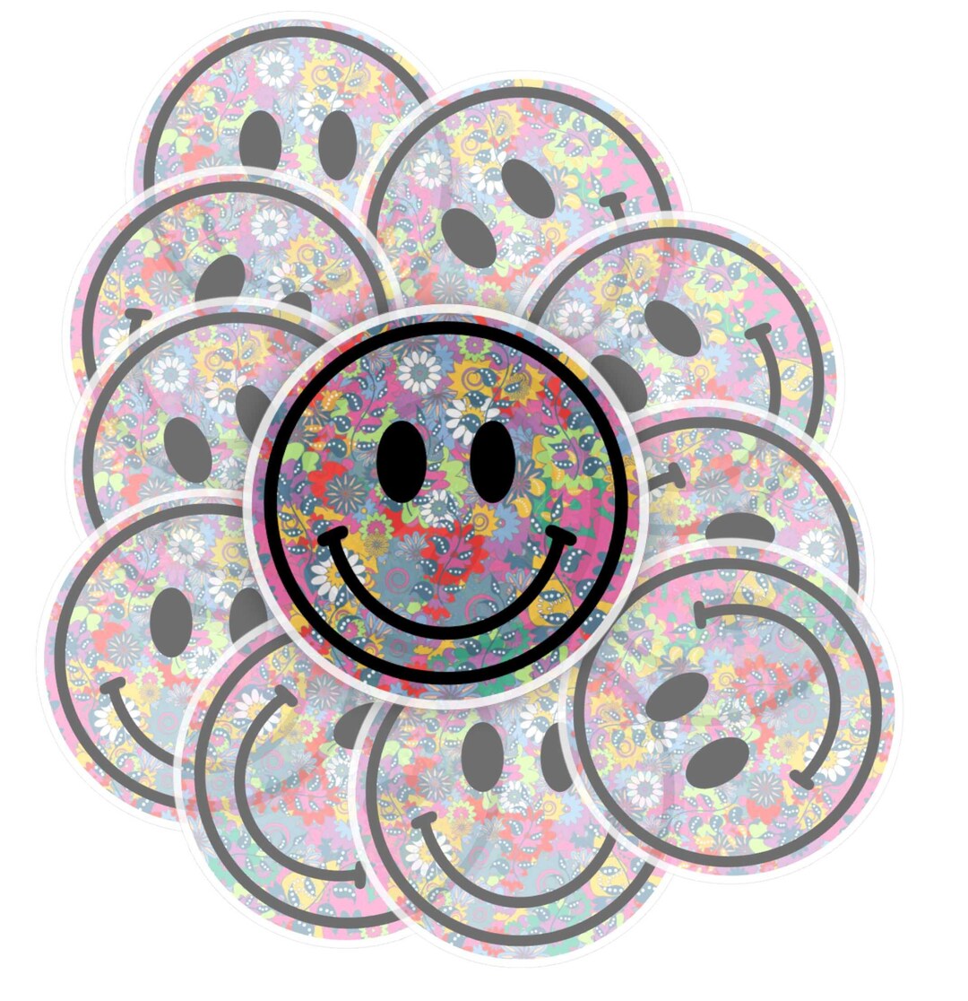 Smiley Face Pink Flowers | Vinyl Sticker | Happy | Water Bottle, Laptop ...