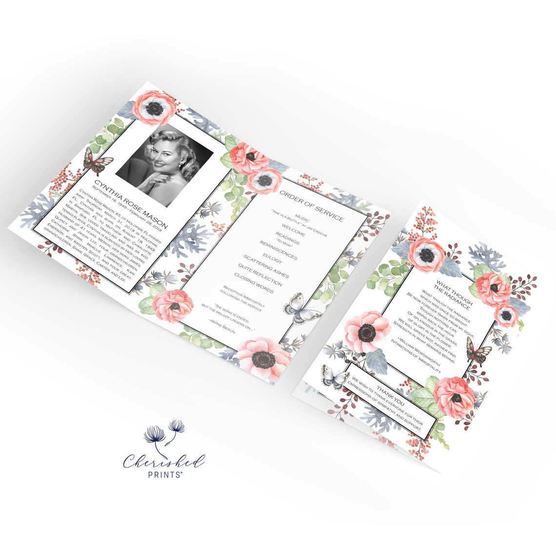 Anemones & Butterflies Funeral Program Funeral Folder - Etsy
