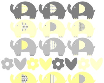 Yellow, Blue and Gray Elephant Themed Digital Scrapbook Clipart INSTANT ...