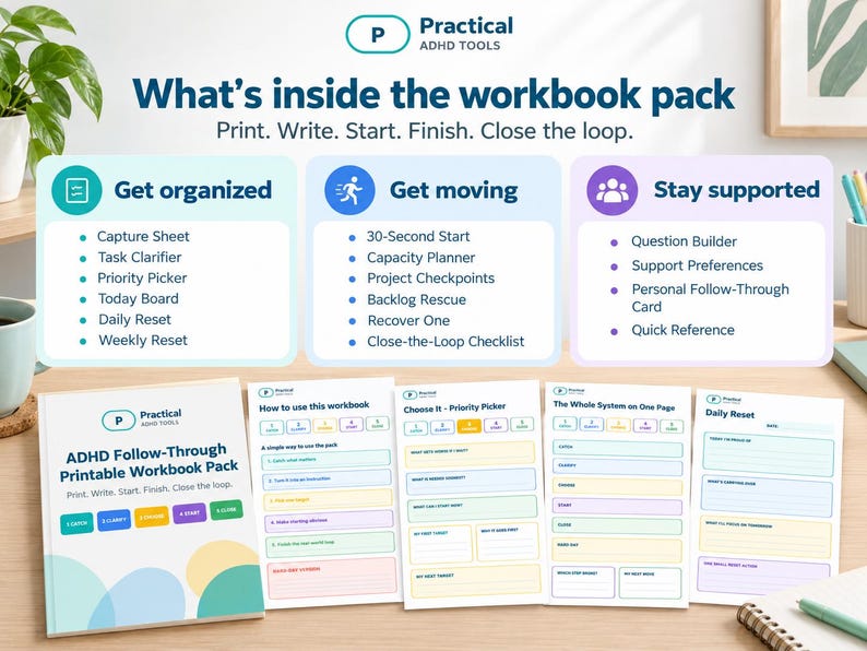 ADHD Printable Workbook Pack | Executive Function Worksheets for Tasks ...