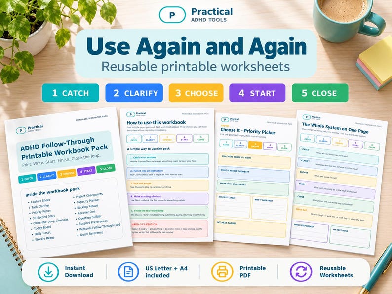 ADHD Printable Workbook Pack | Executive Function Worksheets for Tasks ...