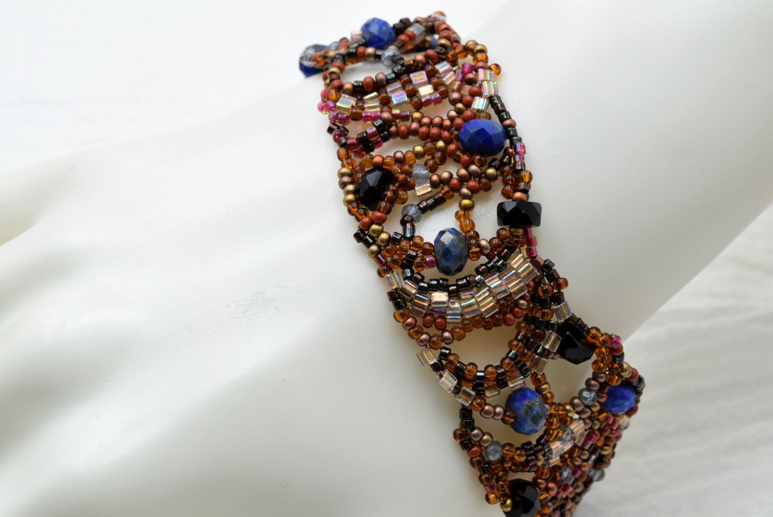 Bracelet, Freeform Peyote Stitch Bracelet With Lapis and Black Crystals ...