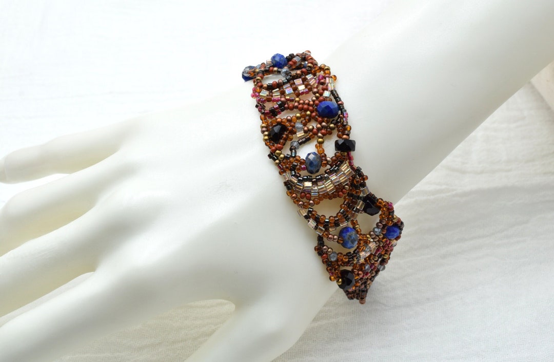 Bracelet, Freeform Peyote Stitch Bracelet With Lapis and Black Crystals ...