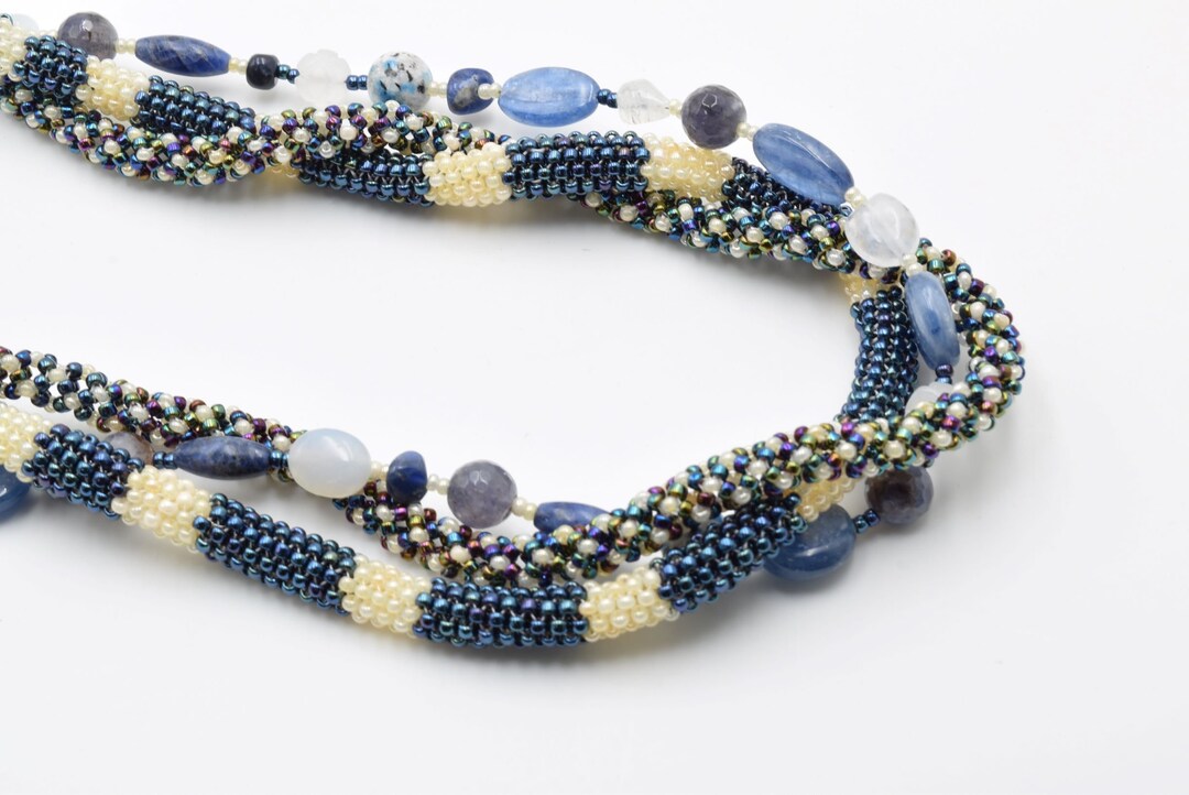 Necklace of Handwoven Beaded Strands Shades of Blue, Braided Beaded ...