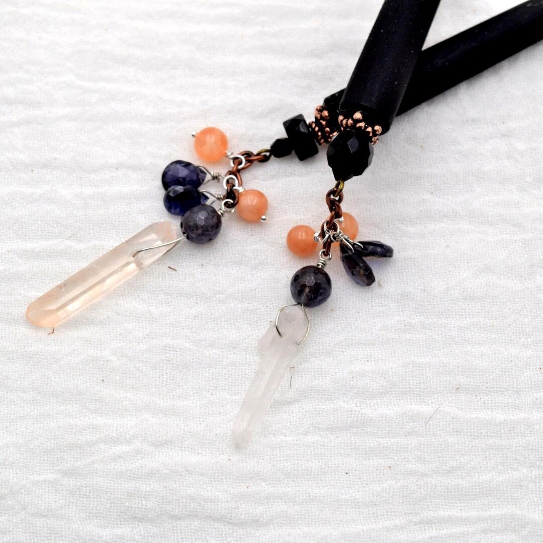 Black Wood Hair Sticks: Quartz, Iolite & Moonstone Dangles - Etsy