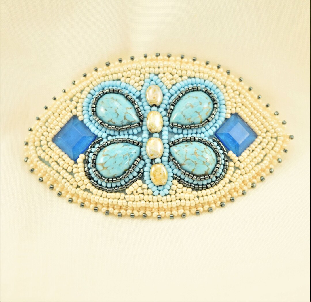 Barrette Bead Embroidered Blue Butterfly, Seed Bead Embroidery, French ...