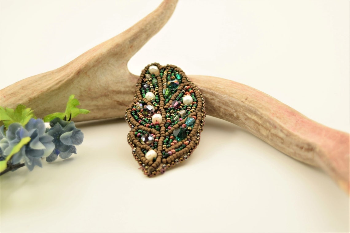 Leaf Brooch Pin Bead Embroidered Leaf Pin With Pearls - Etsy