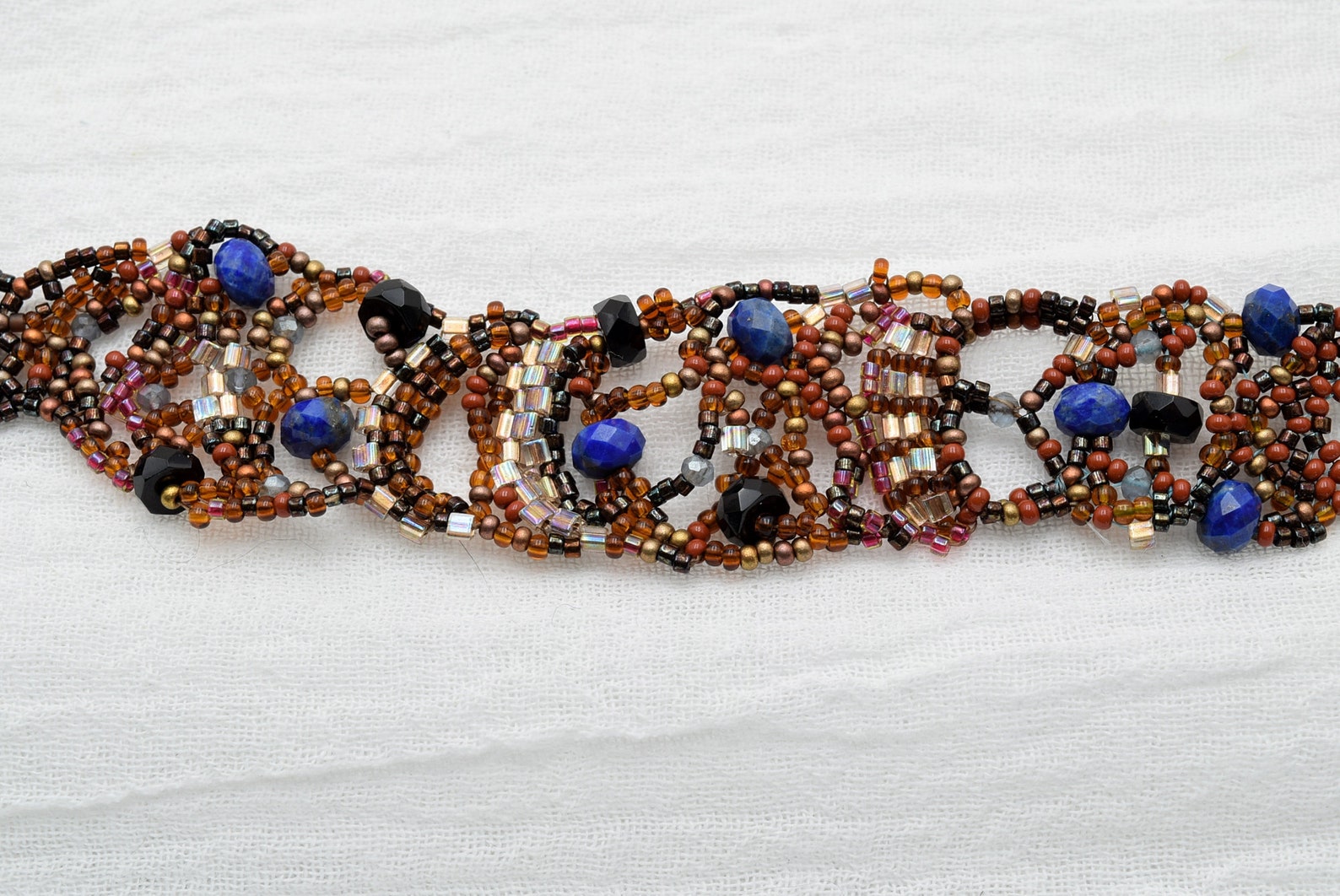 Bracelet, Freeform Peyote Stitch Bracelet With Lapis and Black Crystals ...