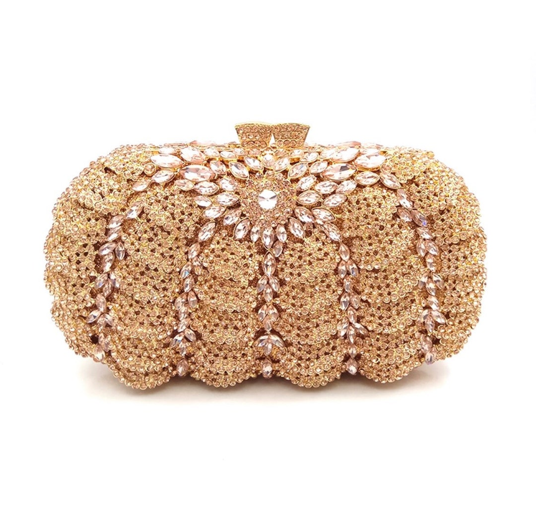 Champagne Crystal Rhinestone Clutch, Floral Motive Crystal Rhinestone ...