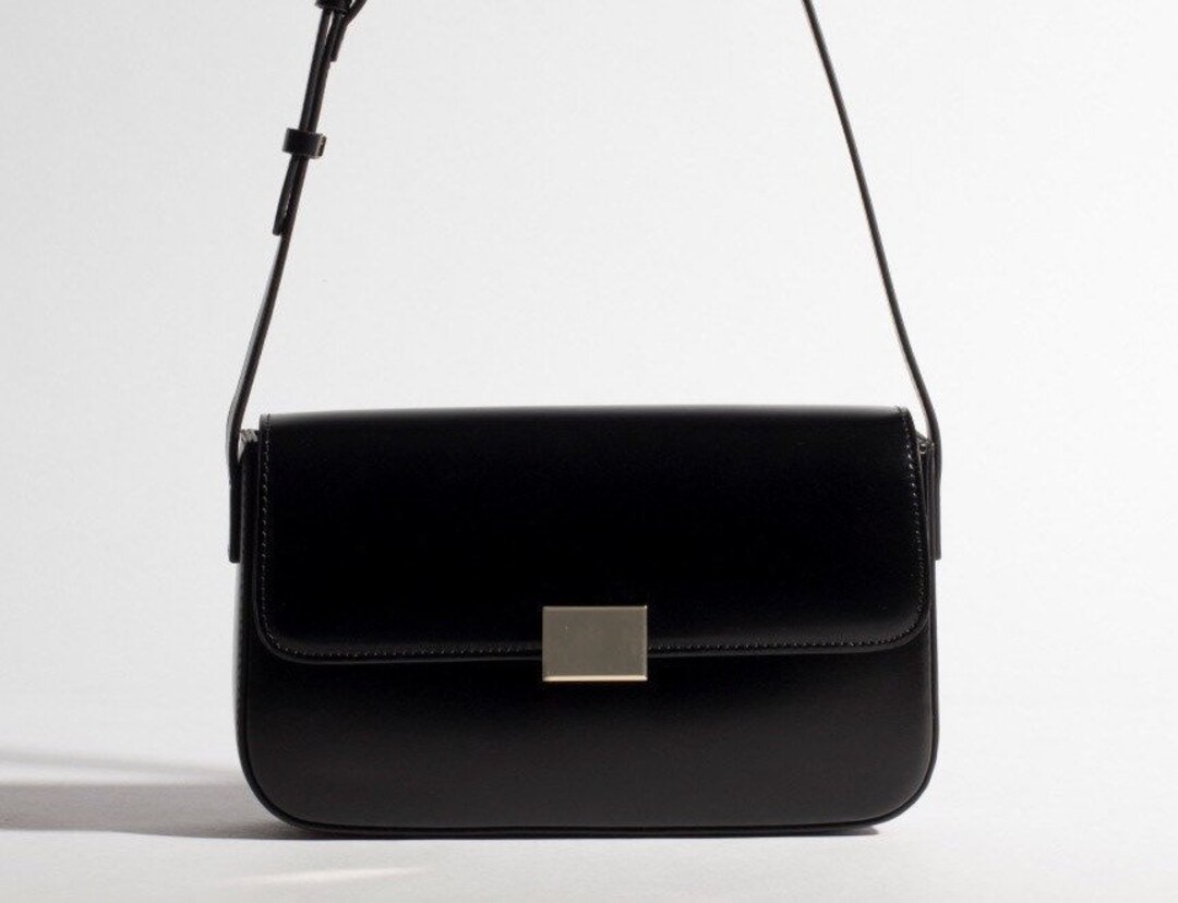 Genuine Cowhide Leather Rectangular Shoulder Bag, Black Leather ...