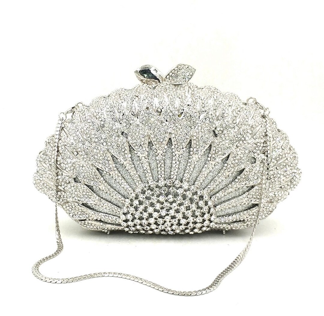 Peacock Feather Motive Crystal Rhinestone Clutch, Silver Crystal ...