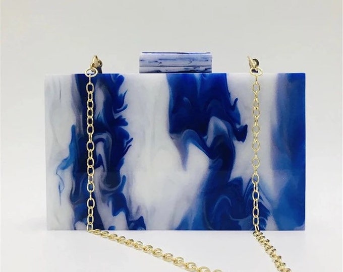 Royal Blue Ink Marble Pattern Acrylic Clutch With the Metal Chain ...